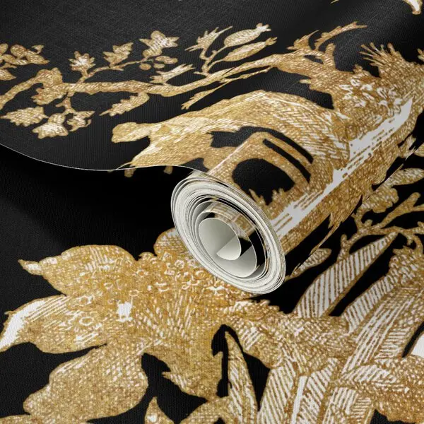Spoonflower Chinoiserie Toile Black Asian Gold Chinese Custom Pre-pasted Wallpaper - Black,gold