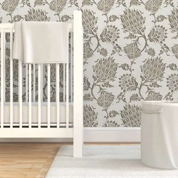 Spoonflower Taupe French Floral Damask Modern Custom Removable Wallpaper - Brown