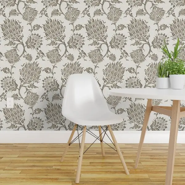 Spoonflower Taupe French Floral Damask Modern Custom Removable Wallpaper - Brown