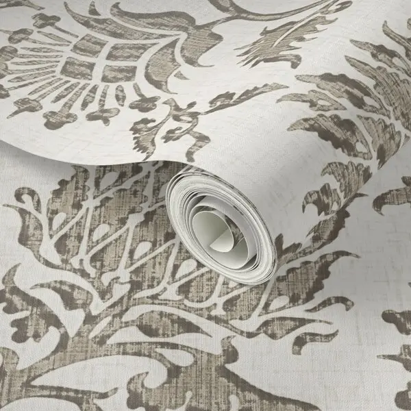 Spoonflower Taupe French Floral Damask Modern Custom Removable Wallpaper - Brown