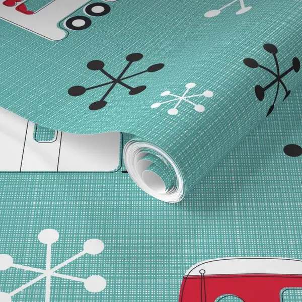 Spoonflower Campers Mod Modern Cartoon Camping Retro Atomic Traditional Wallpaper - Red,gray