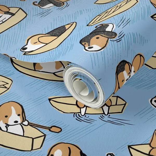 Spoonflower Doggy Beagle Dogs Puppy Boat Swimming Paddle Traditional Wallpaper - Blue