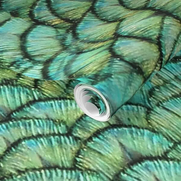 Spoonflower Peacock Feather Bird Mermaid Scales Emerald Aqua Traditional Wallpaper - Green,blue