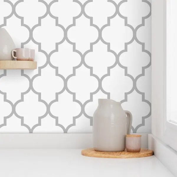 Spoonflower Ogee Trellis Moroccan Quatrefoil Custom Removable Wallpaper - Gray