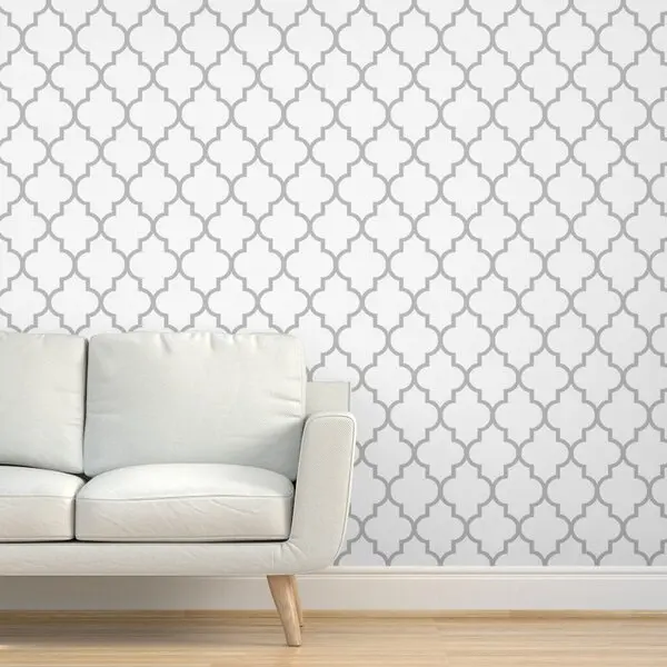 Spoonflower Ogee Trellis Moroccan Quatrefoil Custom Removable Wallpaper - Gray