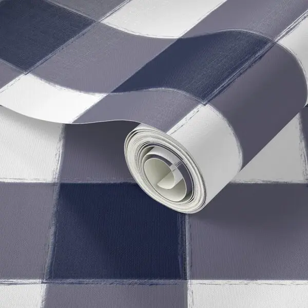 Spoonflower Large Navy Buffalo Check Gingham Print Watercolor 100% Natural Sisal Grasscloth Wallcovering - Blue