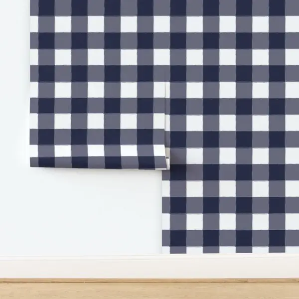 Spoonflower Large Navy Buffalo Check Gingham Print Watercolor 100% Natural Sisal Grasscloth Wallcovering - Blue