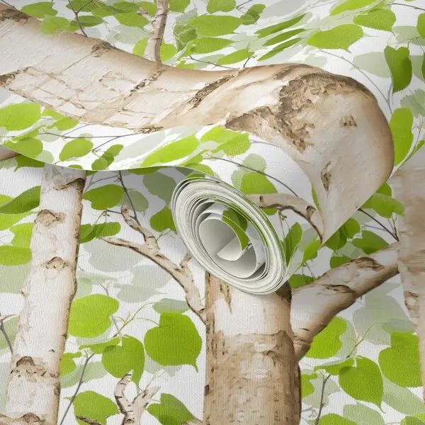 Spoonflower Birch Grove Spring Trees Forest Tree Nature Custom Removable Wallpaper - Green,beige
