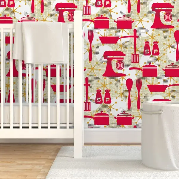 Spoonflower Kitchen Retro Palette Limited Mixer Pots Pans Fork Custom Removable Wallpaper