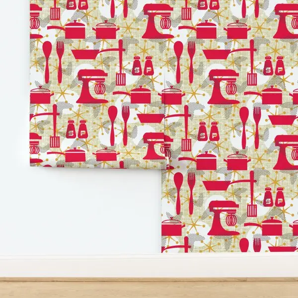 Spoonflower Kitchen Retro Palette Limited Mixer Pots Pans Fork Custom Removable Wallpaper