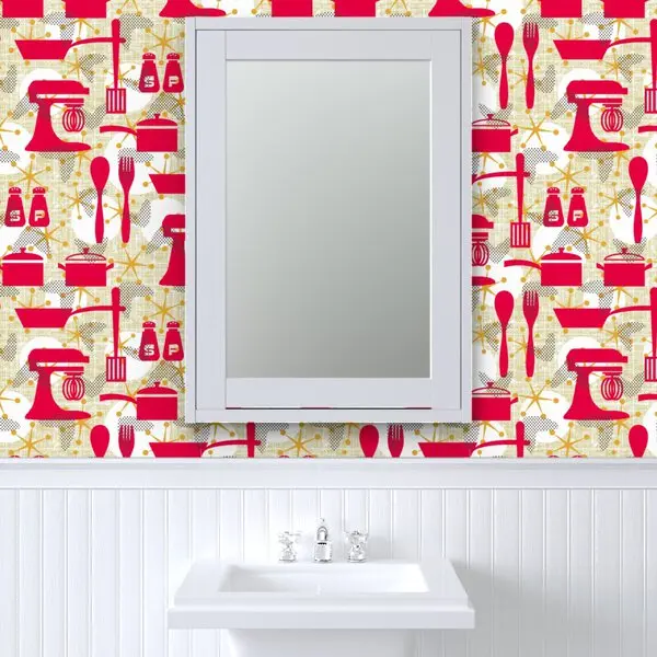 Spoonflower Kitchen Retro Palette Limited Mixer Pots Pans Fork Custom Removable Wallpaper