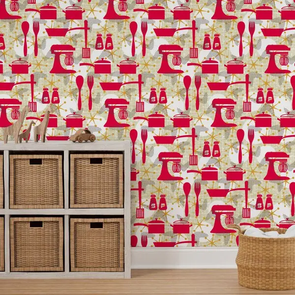 Spoonflower Kitchen Retro Palette Limited Mixer Pots Pans Fork Custom Removable Wallpaper