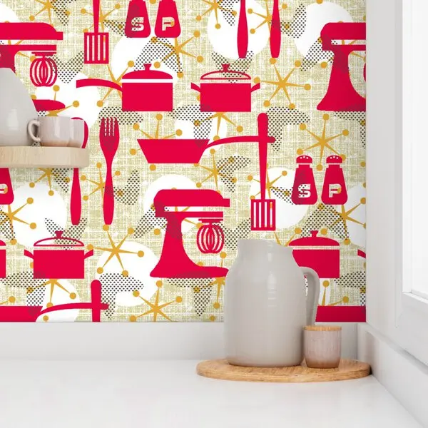 Spoonflower Kitchen Retro Palette Limited Mixer Pots Pans Fork Custom Removable Wallpaper