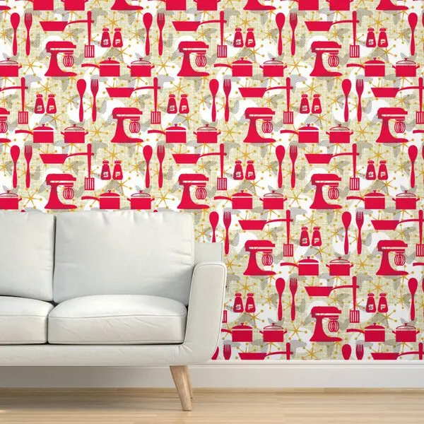 Spoonflower Kitchen Retro Palette Limited Mixer Pots Pans Fork Custom Removable Wallpaper