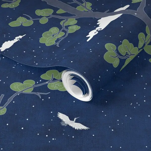 Spoonflower Night Sky Cranes Large Japanese Indigo Forest Traditional Wallpaper - Blue,green