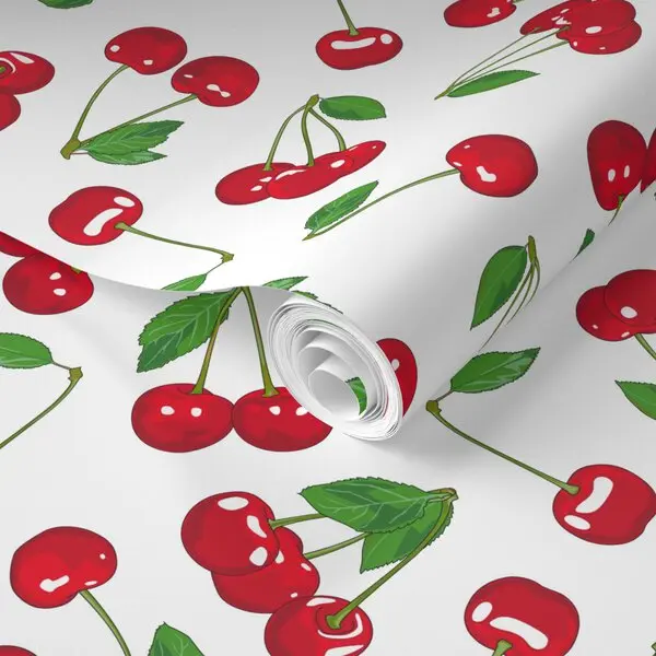 Spoonflower White Cherry Rockabilly Fruits Custom Removable Wallpaper - Red,green