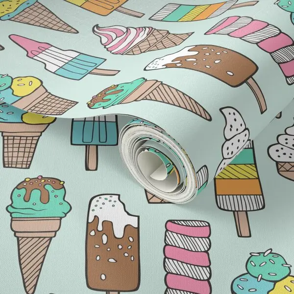 Spoonflower Ice Cream Mint Tropical Sugar Food Sweets Cone Custom Removable Wallpaper - Blue,pink