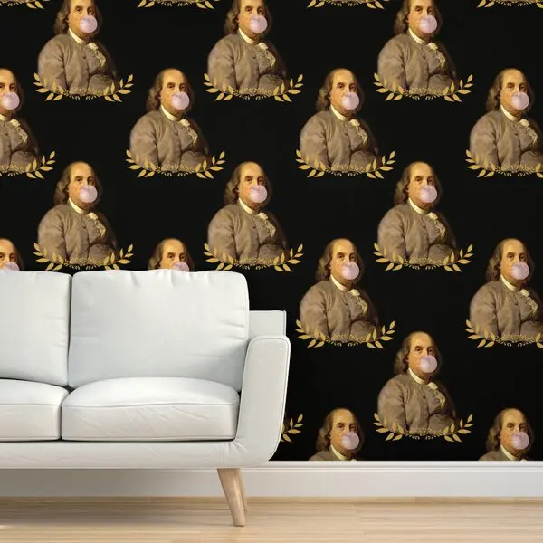 Spoonflower Benjamin Franklin President Historical Whimsical 100% Natural Sisal Grasscloth Wallcovering - Black