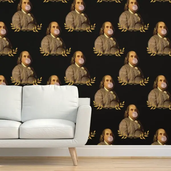 Spoonflower Benjamin Franklin President Historical Whimsical Custom Pre-pasted Wallpaper - Black