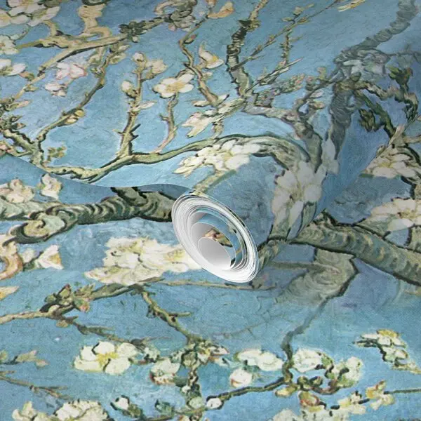 Spoonflower Vintage Almond Tree Blossom Trees Branches Floral Custom Removable Wallpaper - Blue