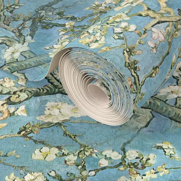 Spoonflower Vintage Almond Tree Blossom Trees Branches Floral Custom Removable Wallpaper - Blue