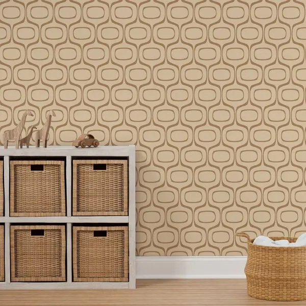 Spoonflower Mid Century Modern Retro Ogee Abstract Geometric Custom Removable Wallpaper - Brown
