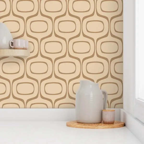 Spoonflower Mid Century Modern Retro Ogee Abstract Geometric Custom Removable Wallpaper - Brown