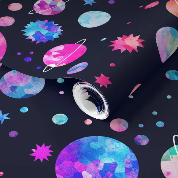 Spoonflower Galaxy Cosmic Planets Space Stars Pastel Traditional Wallpaper - Pink,purple