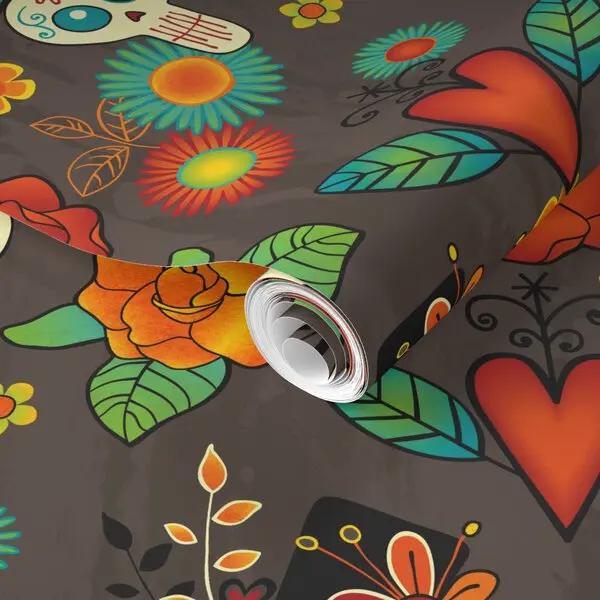 Spoonflower Sugar Skulls Day Of The Dead Halloween Traditional Traditional Wallpaper - Brown