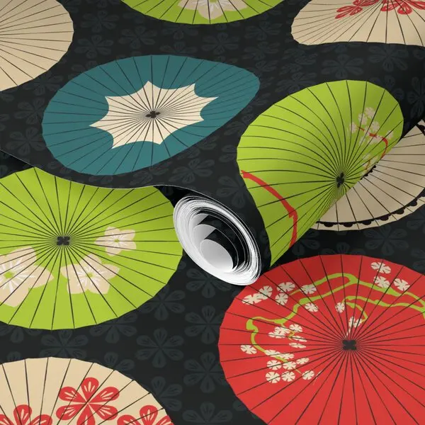 Spoonflower Umbrellas Parasol Japanese Sakura Flower Japan Custom Pre-pasted Wallpaper - Black,red
