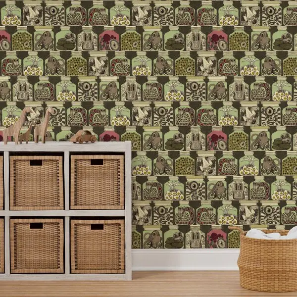 Spoonflower Pickles Vintage Octopus Monster Gothic Halloween Custom Removable Wallpaper - Green