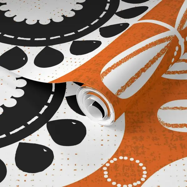 Spoonflower Black And White Flowers Orange Modern Scandinavian Traditional Wallpaper - Orange,black