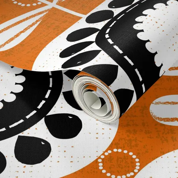 Spoonflower Black And White Flowers Orange Modern Scandinavian Traditional Wallpaper - Orange,black