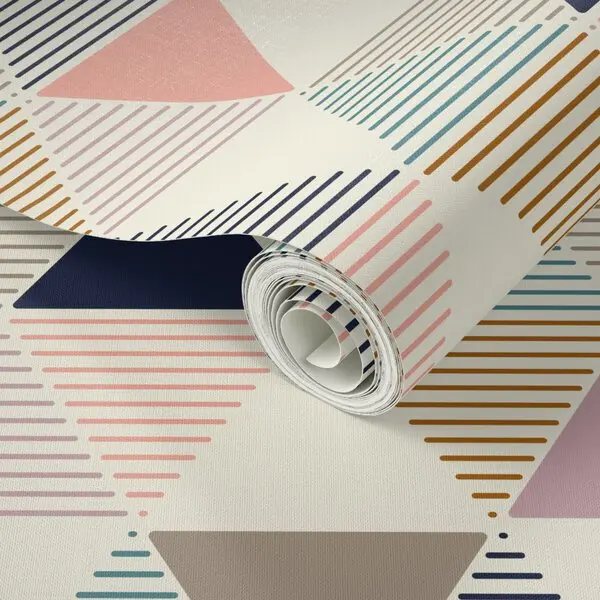 Spoonflower Modern Geometric Vintage Triangle Stripe Shapes Custom Removable Wallpaper - Gray,pink