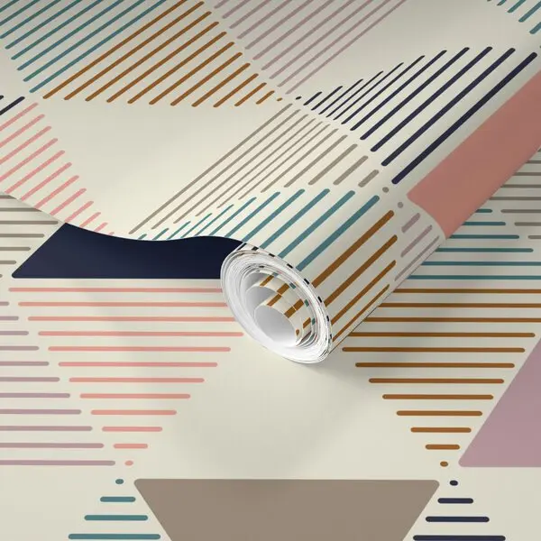 Spoonflower Modern Geometric Vintage Triangle Stripe Shapes Custom Pre-pasted Wallpaper - Gray,pink
