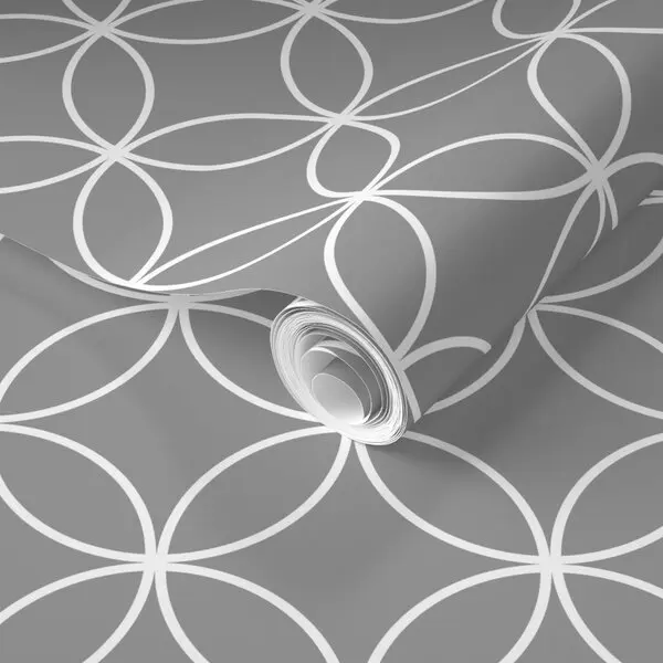 Spoonflower Modern Cottage Circle White Round Mid Century Custom Pre-pasted Wallpaper - Gray