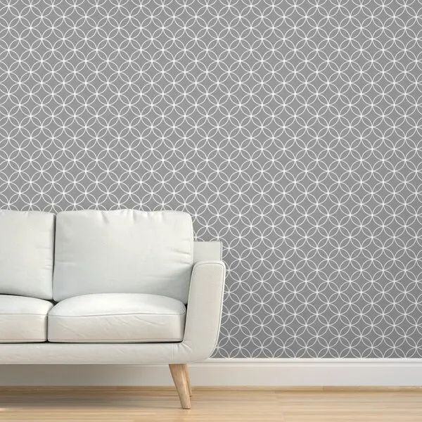 Spoonflower Modern Cottage Circle White Round Mid Century Custom Pre-pasted Wallpaper
