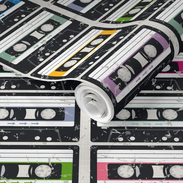 Spoonflower Cassette Tape Records Retro Vintage Geek Rainbow Custom Pre-pasted Wallpaper - Black,white
