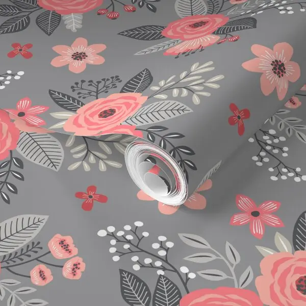 Spoonflower Vintage Antique Floral Flowers Peach Grey Bouquet Custom Removable Wallpaper - Gray,pink