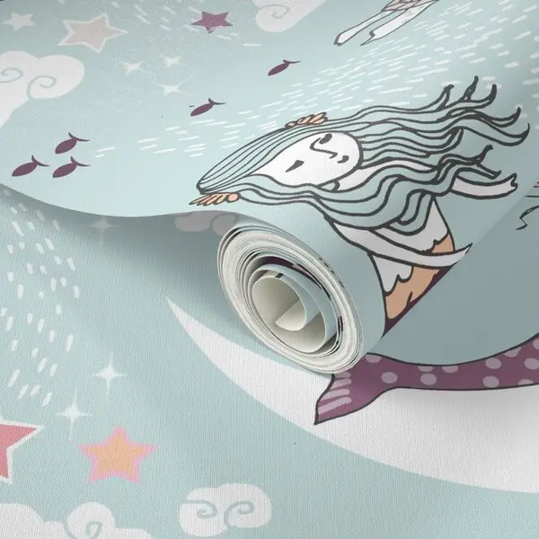 Spoonflower Mermaid Lullaby Sea Small Moon Modern Nursery Custom Pre-pasted Wallpaper - Green