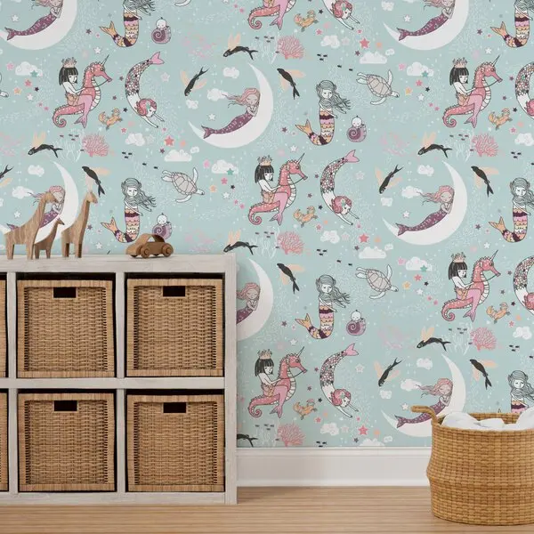 Spoonflower Mermaid Lullaby Sea Small Moon Modern Nursery Custom Pre-pasted Wallpaper - Green