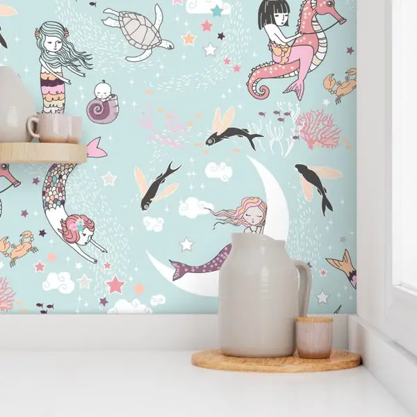 Spoonflower Mermaid Lullaby Sea Small Moon Modern Nursery Custom Pre-pasted Wallpaper - Green