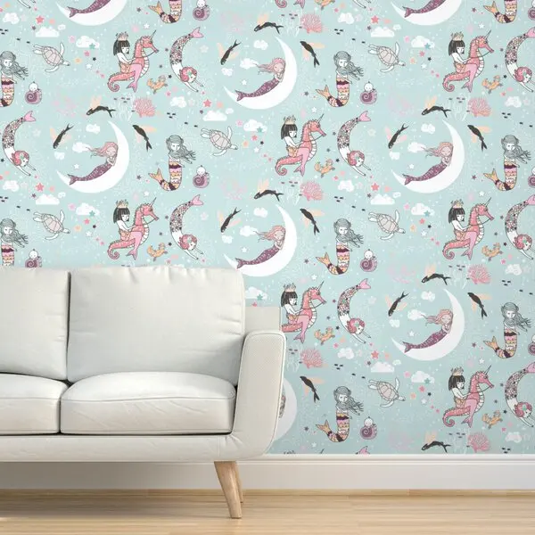 Spoonflower Mermaid Lullaby Sea Small Moon Modern Nursery Custom Pre-pasted Wallpaper - Green