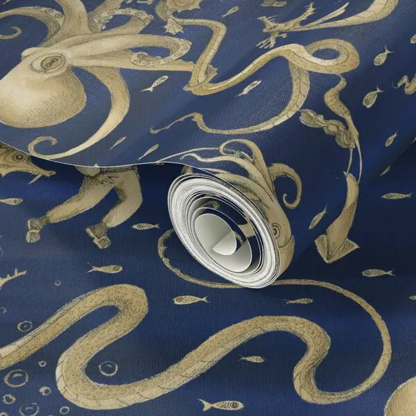 Spoonflower Nautical Ocean Whale Mermaid Adventure Squid Custom Pre-pasted Wallpaper - Blue,gold