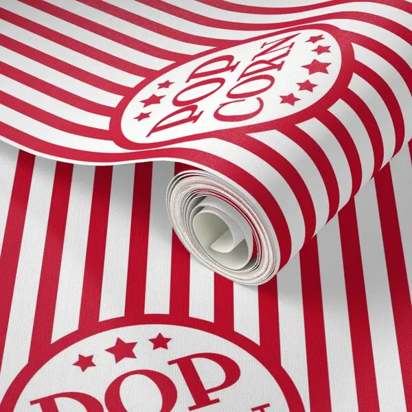 Spoonflower Stripe Red Box Popcorn Christmas Colors Custom Pre-pasted Wallpaper - Red,white