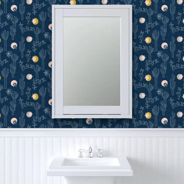 Spoonflower Indigo Cactus Small Desert Southwestern Bohemian Custom Pre-pasted Wallpaper