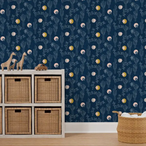 Spoonflower Indigo Cactus Small Desert Southwestern Bohemian Custom Pre-pasted Wallpaper