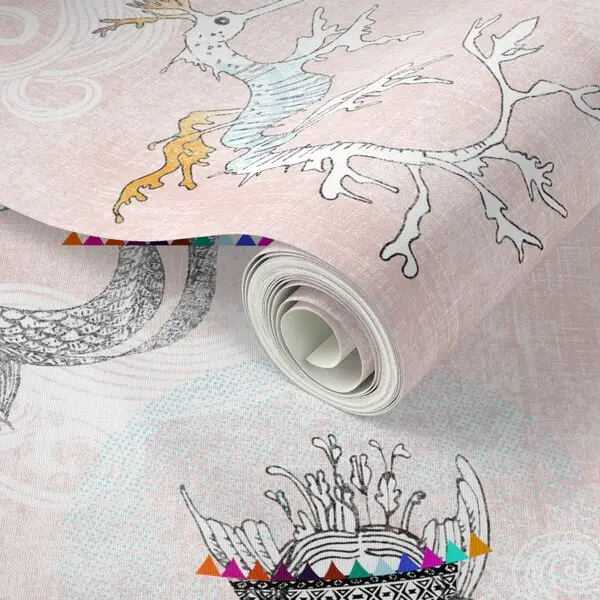 Spoonflower Boho Dragons Mermaid Bohemian Dragon Seahorse Custom Pre-pasted Wallpaper - Pink