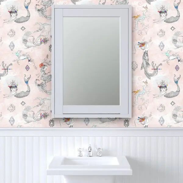 Spoonflower Boho Dragons Mermaid Bohemian Dragon Seahorse Custom Pre-pasted Wallpaper - Pink