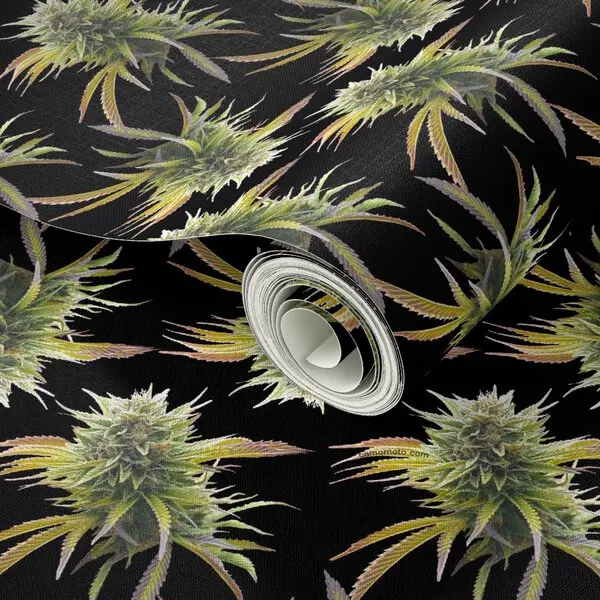 Spoonflower Cannabis Marijuana Herb 420 Ganja Pot Custom Pre-pasted Wallpaper - Green,black